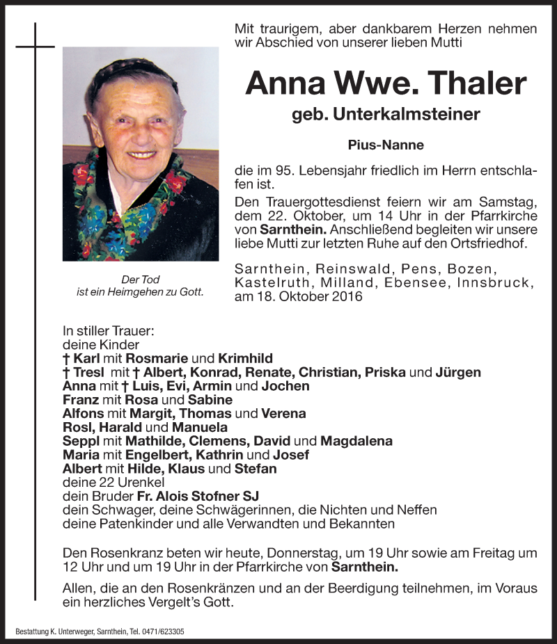 Traueranzeigen von Anna Thaler | Trauer.bz