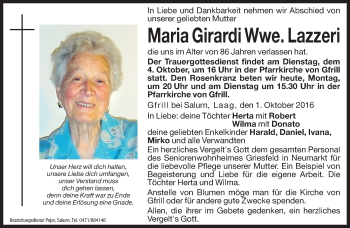 Traueranzeigen von Maria Lazzeri | Trauer.bz