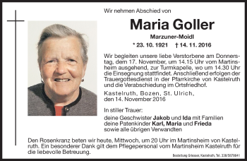 Traueranzeigen von Maria Goller | Trauer.bz