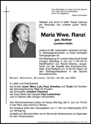 Traueranzeigen von Maria Ranzi | Trauer.bz