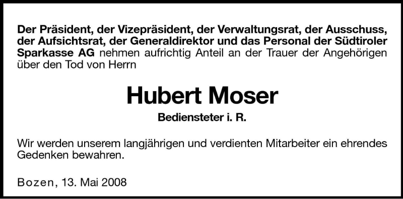 Traueranzeigen von Hubert Moser | Trauer.bz