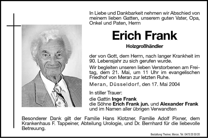Traueranzeigen von Erich Frank | Trauer.bz