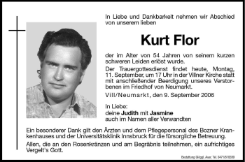 Traueranzeigen von Kurt Flor | Trauer.bz