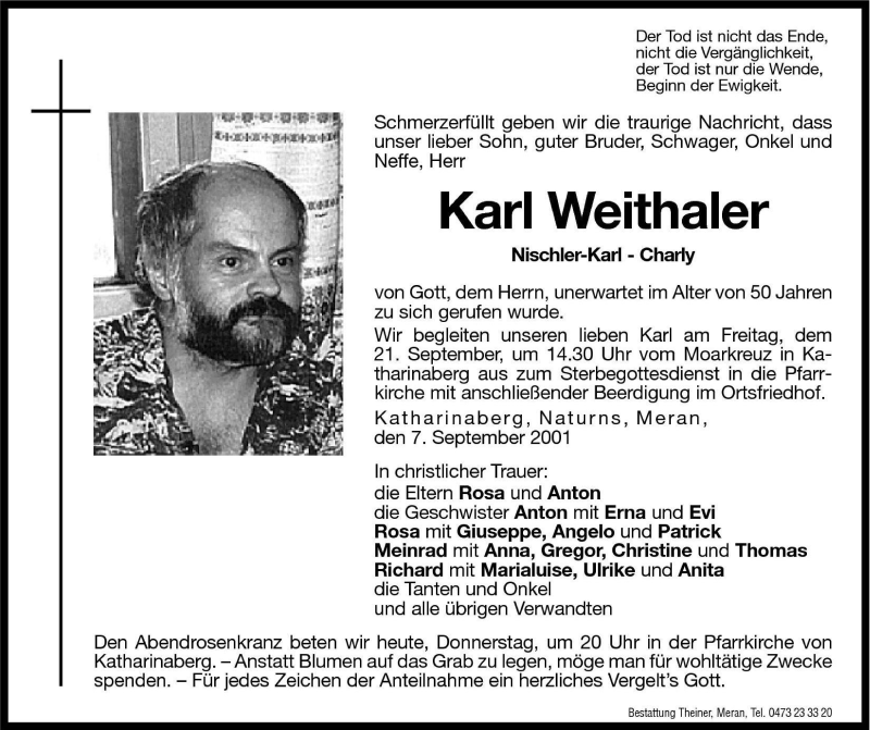Traueranzeigen von Karl Weithaler | Trauer.bz