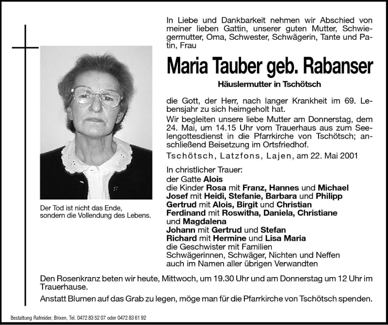 Traueranzeigen von Maria Tauber | Trauer.bz