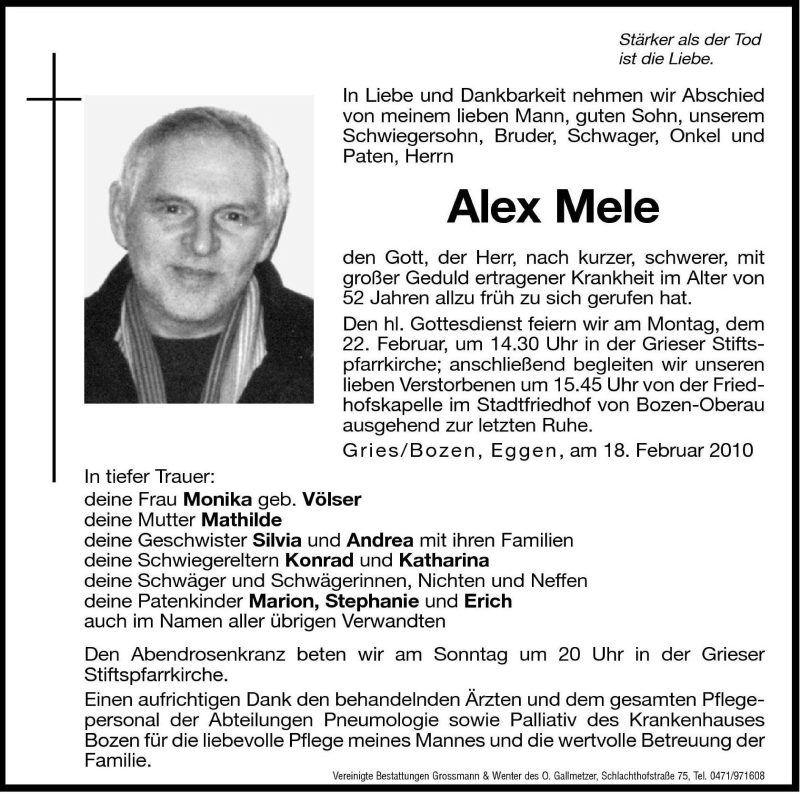 Traueranzeigen von Alex Mele | Trauer.bz