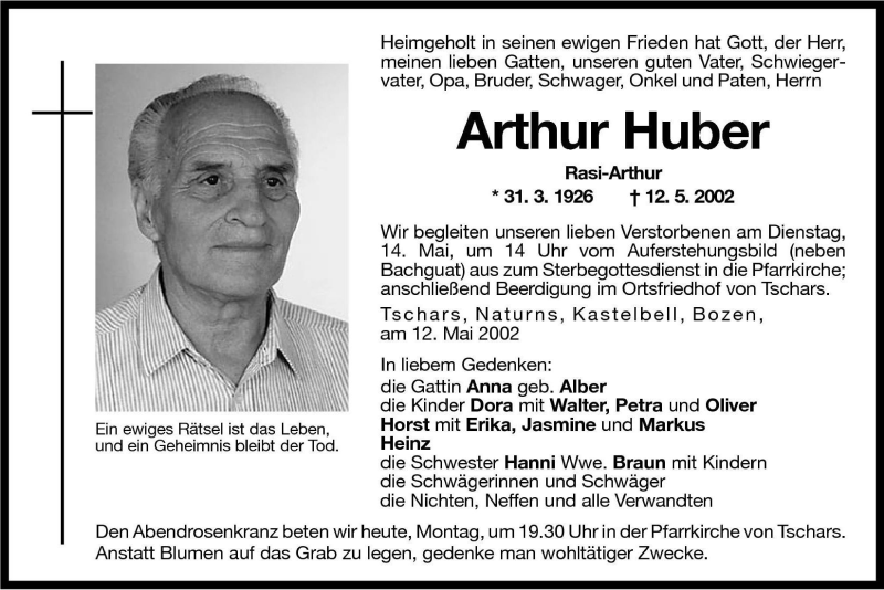 Traueranzeigen von Arthur Huber | Trauer.bz