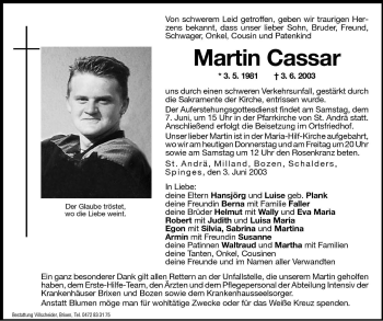 Traueranzeigen von Martin Cassar | Trauer.bz