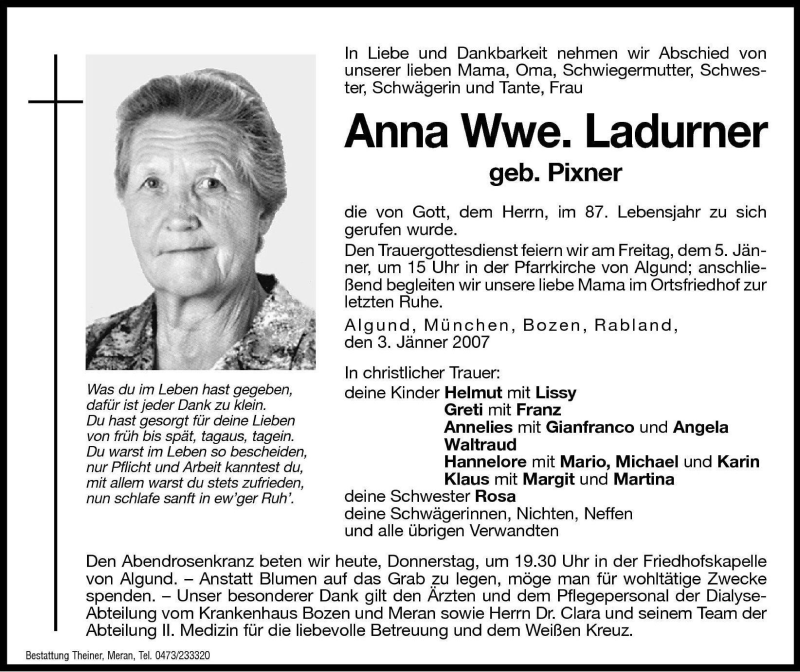Traueranzeigen von Anna Ladurner | Trauer.bz