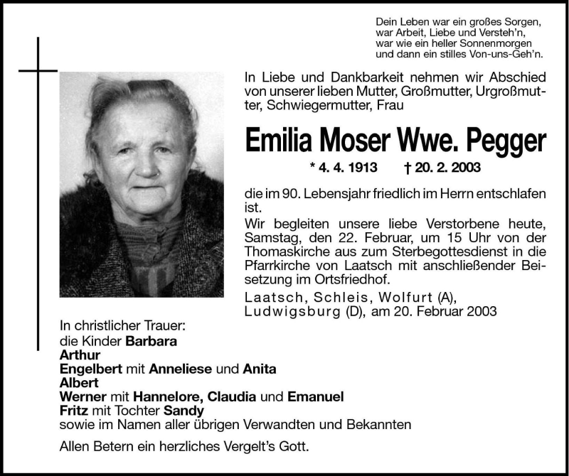 Traueranzeigen von Emilia Pegger | Trauer.bz