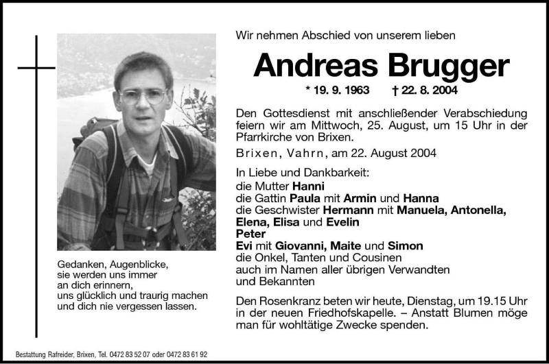 Traueranzeigen von Andreas Brugger | Trauer.bz