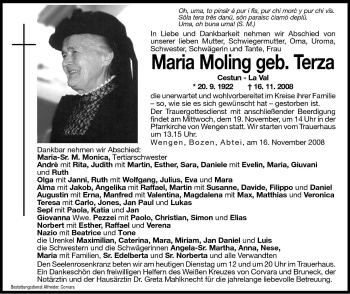 Traueranzeigen von Maria Moling | Trauer.bz