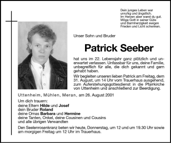 Traueranzeigen von Patrick Seeber | Trauer.bz