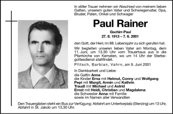 Traueranzeigen von Paul Rainer | Trauer.bz