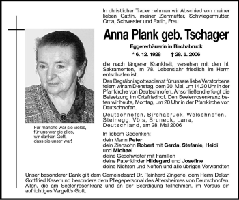 Traueranzeigen von Anna Plank | Trauer.bz