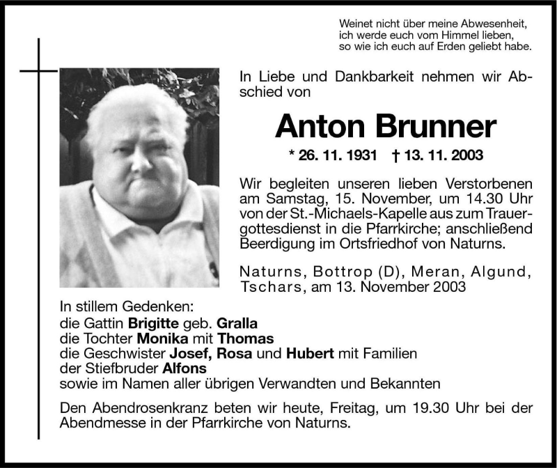 Traueranzeigen von Anton Brunner | Trauer.bz