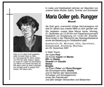 Traueranzeigen von Maria Goller | Trauer.bz