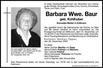 Traueranzeigen von Barbara Baur | Trauer.bz