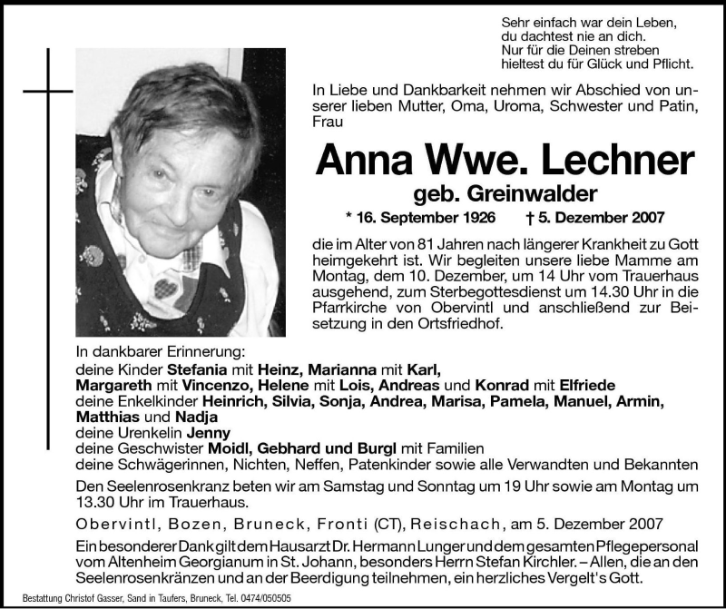 Traueranzeigen von Anna Lechner | Trauer.bz