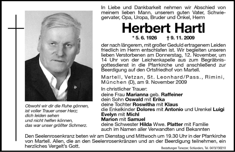 Traueranzeigen von Herbert Hartl | Trauer.bz