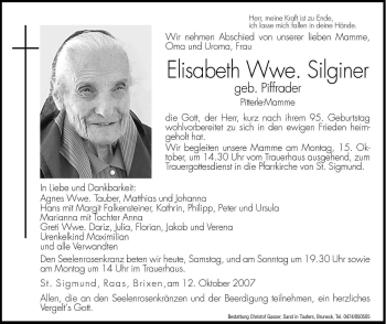 Traueranzeigen von Elisabeth Silginer | Trauer.bz