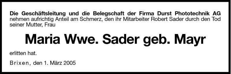 Traueranzeigen von Maria Sader | Trauer.bz