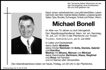 Traueranzeigen von Michael Bonell | Trauer.bz