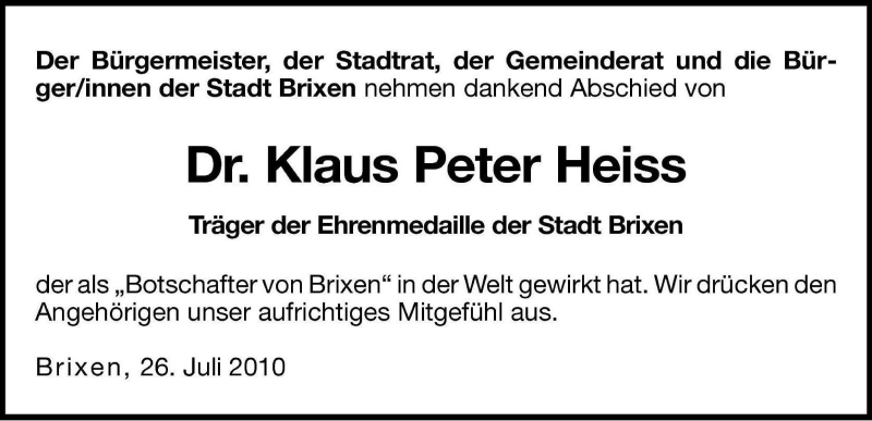 Traueranzeigen von Klaus Peter Heiss | Trauer.bz