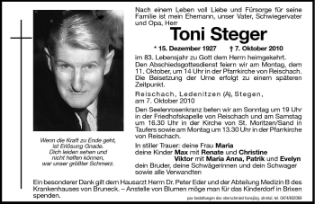 Traueranzeigen von Toni Steger | Trauer.bz