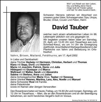 Traueranzeigen von David Tauber | Trauer.bz