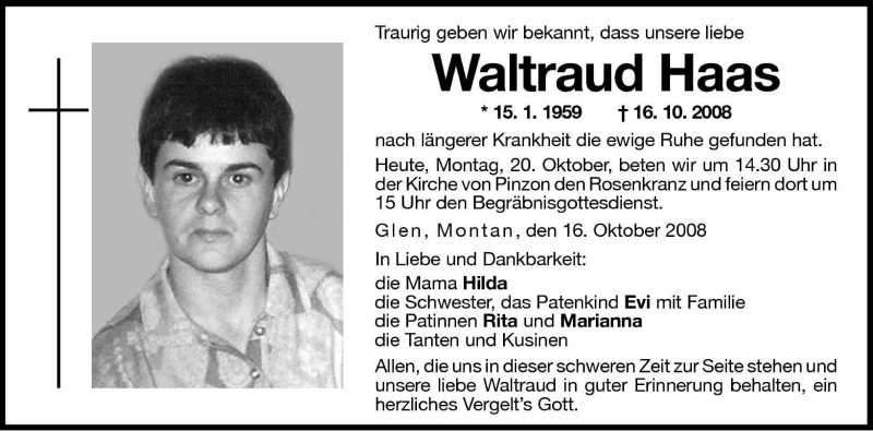 Traueranzeigen von Waltraud Haas | Trauer.bz