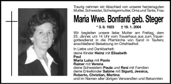Traueranzeigen von Maria Bonfanti | Trauer.bz