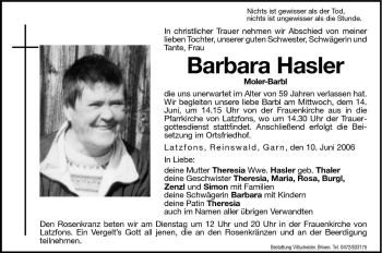 Traueranzeigen von Barbara Hasler | Trauer.bz