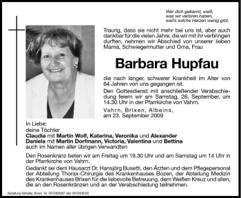 Traueranzeigen von Barbara Hupfau | Trauer.bz