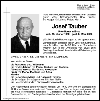 Traueranzeigen von Josef Tauber | Trauer.bz