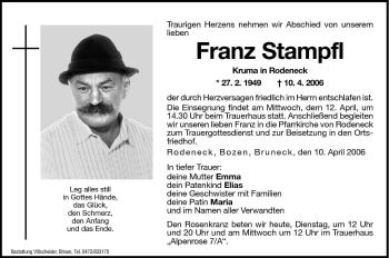 Traueranzeigen von Franz Stampfl | Trauer.bz