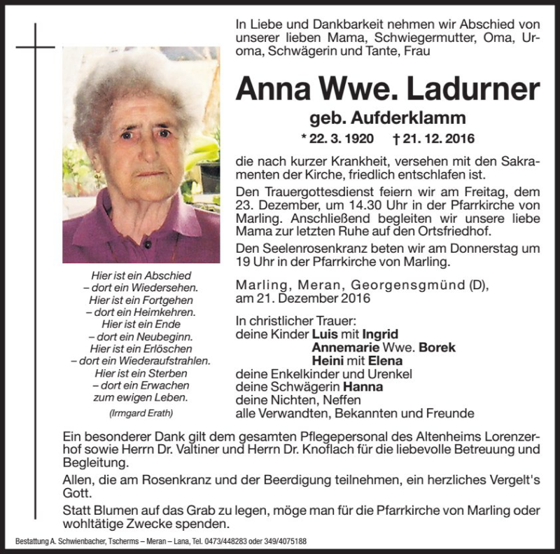 Traueranzeigen von Anna Ladurner | Trauer.bz