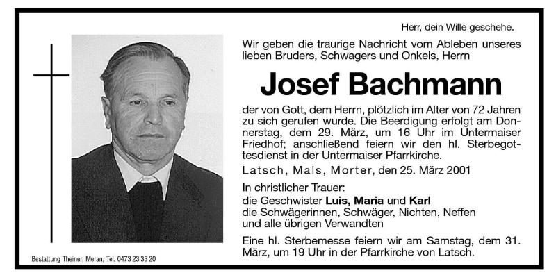 Traueranzeigen von Josef Bachmann | Trauer.bz