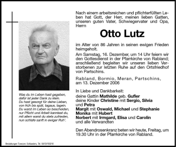 Traueranzeigen von Otto Lutz | Trauer.bz