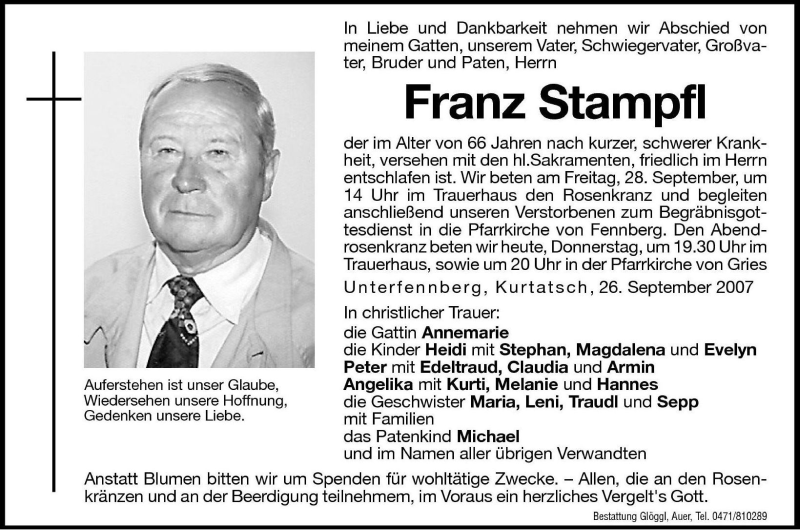 Traueranzeigen von Franz Stampfl | Trauer.bz