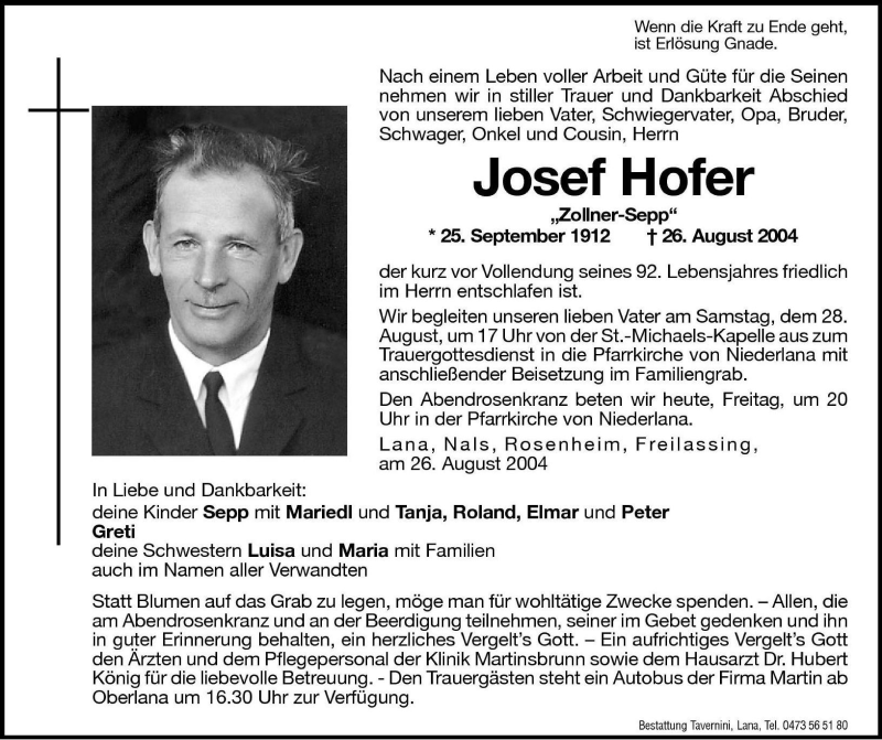 Traueranzeigen von Josef Hofer | Trauer.bz