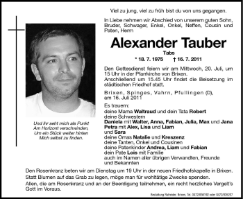 Traueranzeigen von Alexander Tauber | Trauer.bz