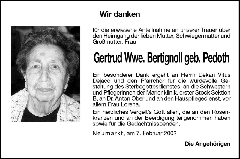 Traueranzeigen von Gertrud Bertignoll | Trauer.bz
