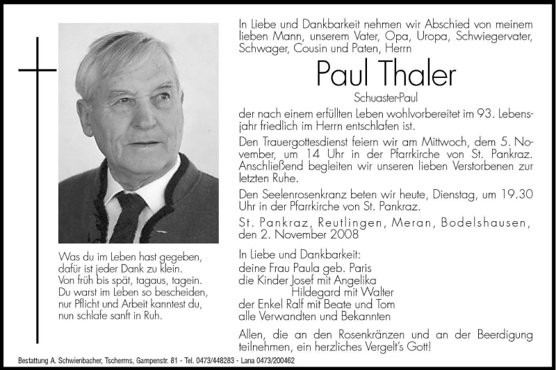 Traueranzeigen von Paul Thaler | Trauer.bz