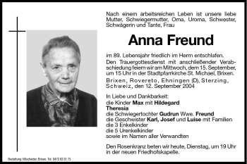 Traueranzeigen von Anna Freund | Trauer.bz