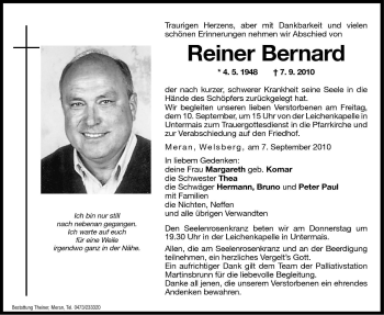 Traueranzeigen von Reiner Bernard | Trauer.bz