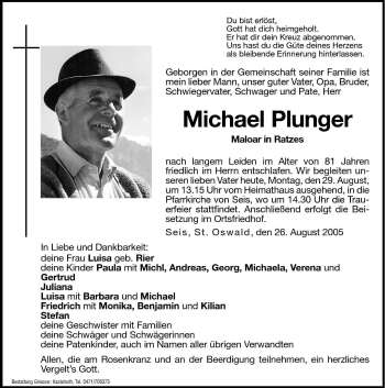 Traueranzeigen von Michael Plunger | Trauer.bz