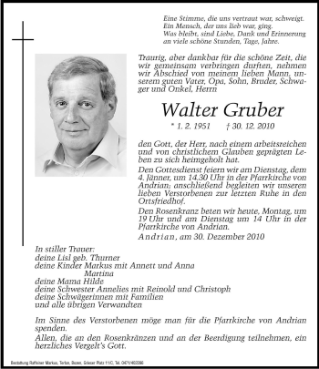 Traueranzeigen von Walter Gruber | Trauer.bz