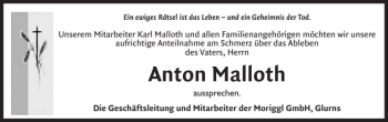 Traueranzeigen von Anton Malloth | Trauer.bz