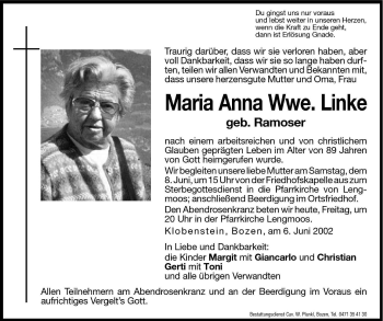 Traueranzeigen von Maria Anna Linke | Trauer.bz